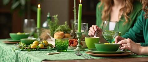 Enjoying A Green Themed Dinner In A Cozy Setting With Friends Stock Illustration Illustration