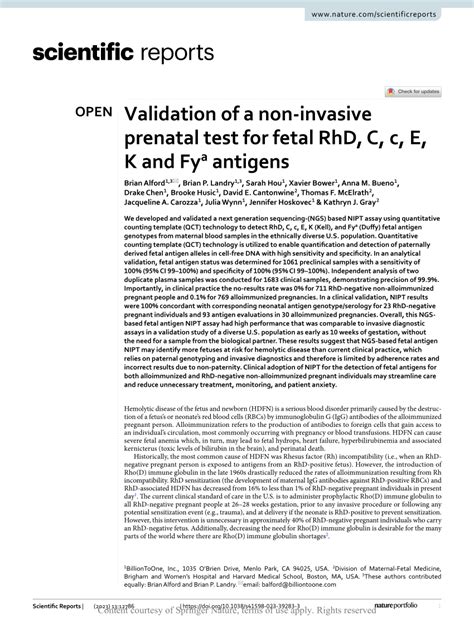 Pdf Validation Of A Non Invasive Prenatal Test For Fetal Rhd C C E K And Fy Antigens