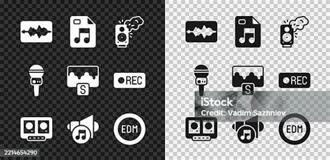 음악 웨이브 이퀄라이저 Mp3 파일 문서 스테레오 스피커 Dj 리모컨 및 믹싱 음악 스피커 볼륨 Edm 일렉트로닉 댄스 마이크 및 아이콘을 설정합니다 벡터 Dj에 대한 스톡