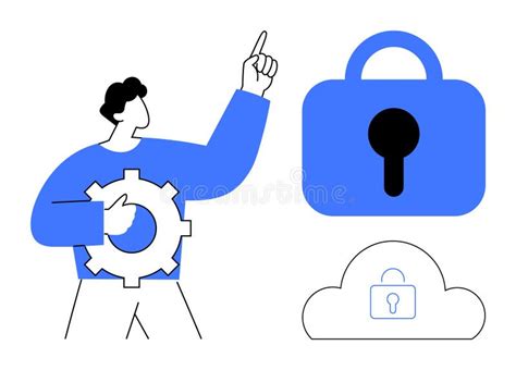 security concept with man holding gear and cloud computing lock stock