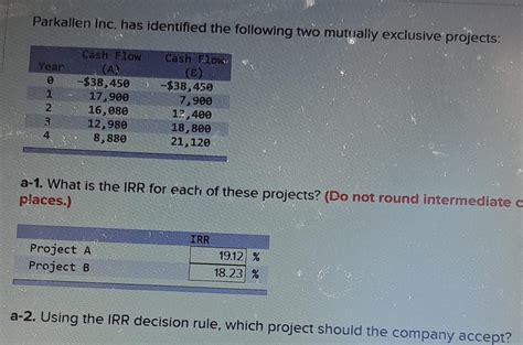 solved a 2 using the irr decision rule which project
