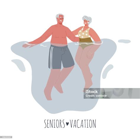 수영복을 입은 두 명의 노인이 물에 떠 있는 양복을 입고 있습니다 바다에서 휴가를 보내고 있는 노인들 벡터 플랫 일러스트레이션 수영 동작 활동에 대한 스톡 벡터 아트 및
