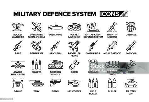 군사 방어 시스템 라인 아이콘 세트 개체 전쟁 전투기 아파치 헬리콥터 미사일 공격 폭탄 총알 군인 육군 자동차 방위 산업 그룹