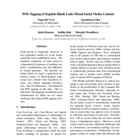 Pos Tagging Of English Hindi Code Mixed Social Media Content Acl Anthology