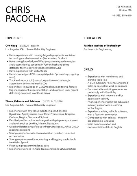 Senior Reliability Engineer Resume Samples Velvet Jobs