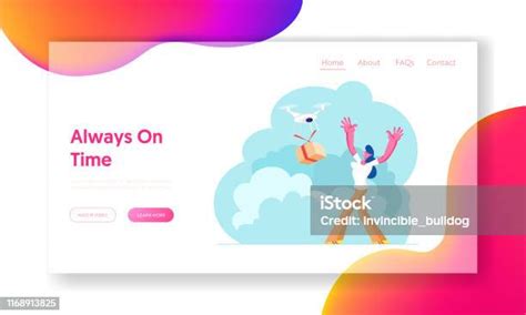 드론 메일 서비스 웹 사이트 방문 페이지 공기로 소포 배송을 잡는 여자 쿼드 콥터는 소비자에게 상자를 제공합니다 배달 웹 페이지