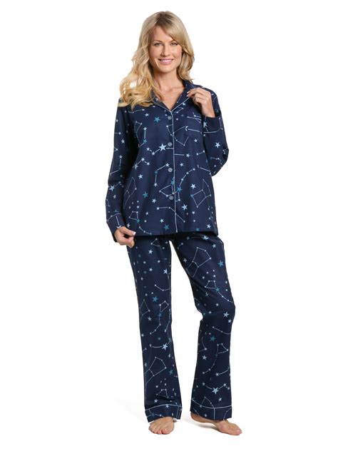 Womens 100 Cotton Flannel Pajama Sleepwear Set Constellations Blue