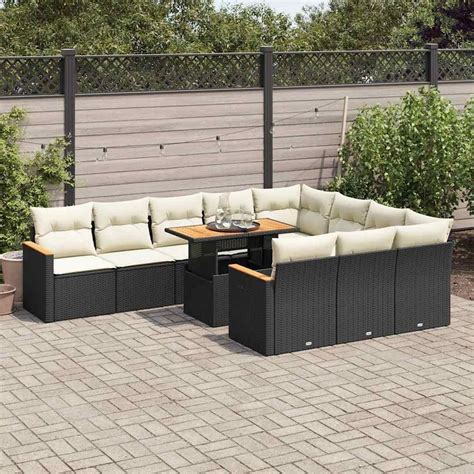 11 Piece Garden Sofa Set With Cushions Black Poly Rattan Acacia Vidaxl