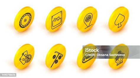 세트 라인 카지노 칩 포커 테이블 스틱 얼음 조각 스페이드 기호 카지노 위치 유리 및 룰렛 휠 아이콘과 위스키 한 잔을 들고 손놀이 벡터 3차원 형태에 대한 스톡 벡터 아트