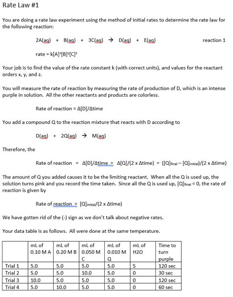 Solved Rate Law 1 You Are Doing A Rate Law Experiment Using