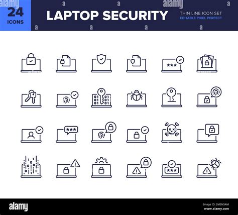 Laptop Security Vector Line Icon Set Computer Privacy And Protection Icon Collection Notebook