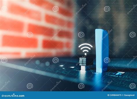 Selective Focus Of Small Portable WiFi Router Plugs Into Computer USB