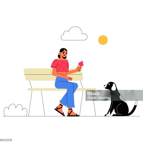야외 휴식과 우정을 상징하는 평면 벡터 일러스트 레이 션에서 개와 함께 아이스크림을 들고 공원 벤치에 앉아있는 여자 흰색 배경에 고립 된 개에 대한 스톡 벡터 아트 및 기타