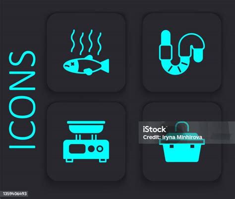 낚시 장비 데드 웜 및 전자 저울 아이콘에 대한 케이스 또는 상자를 설정합니다 검은 색 사각형 버튼 벡터 건강한 생활방식에 대한 스톡 벡터 아트 및 기타 이미지 Istock