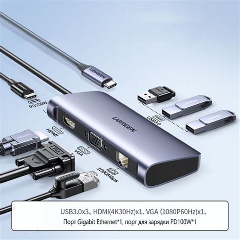 Док станция Type C Ugreen Переходник Usb Hub 7в1 Интерфейс Hdmi 4k30hz
