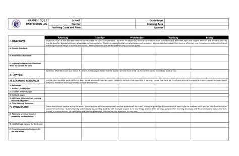 Dll Template Grades 1 To 12 Grades 1 To 12 Daily Lesson Log School
