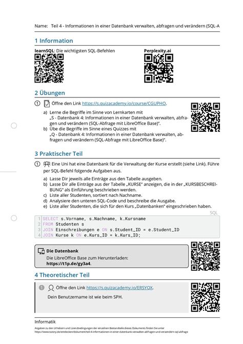 Arbeitsblatt Teil 4 Informationen In Einer Datenbank Verwalten