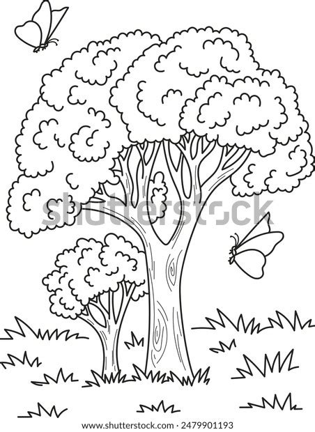 Coloring Page Outline Cartoon Trees Butterflies Stock Vector Royalty Free
