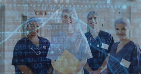 Animation Of Dna Strand And Binary Data Over Portrait Of Smiling Diverse Female And Male Doctors