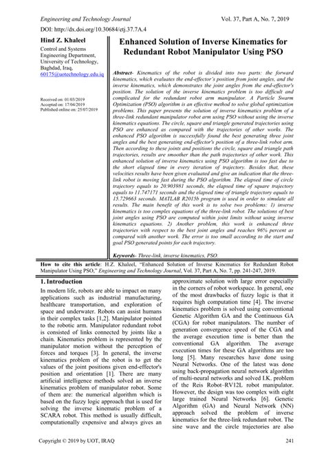 pdf enhanced solution of inverse kinematics for redundant robot