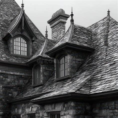 Dark Gothic Architecture With Intricate Roof Details And Windows Stock