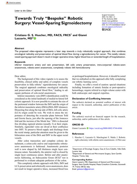 Pdf Towards Truly Bespoke Robotic Surgery Vessel Sparing Sigmoidectomy
