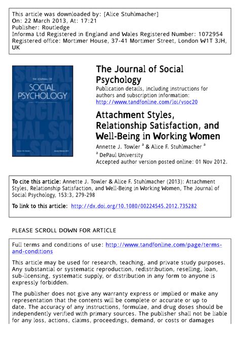 Pdf Attachment Styles Relationship Satisfaction And Well Being In Working Women