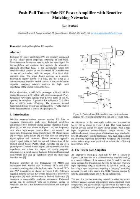 Pdf Push Pull Totem Pole Rf Power Amplifier With Reactive Matching Networks