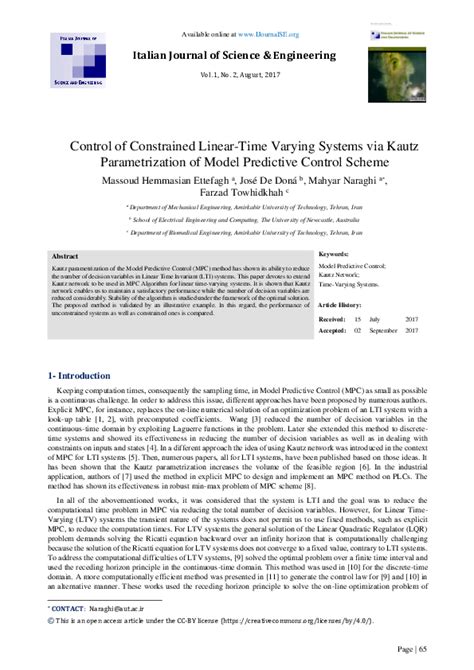Pdf Control Of Constrained Linear Time Varying Systems Via Kautz Parametrization Of Model