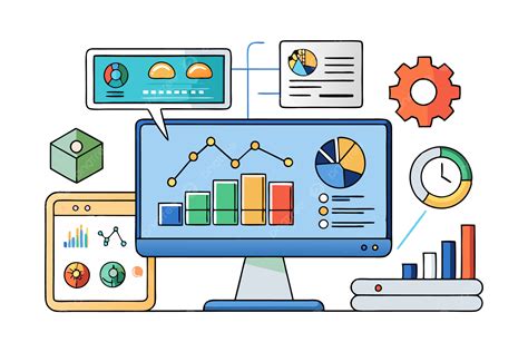 รูปแนวคิดการแสดงข้อมูลเชิงสร้างสรรค์ที่มีกราฟแผนภูมิและการวิเคราะห์ดิจิทัลบนหน้าจอเดสก์ท็อป