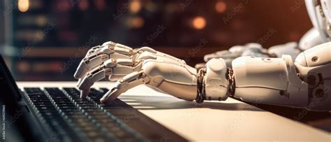 White Ai Robot Working And Looking On Monitor Screen Computer Lab High Tech Artificial