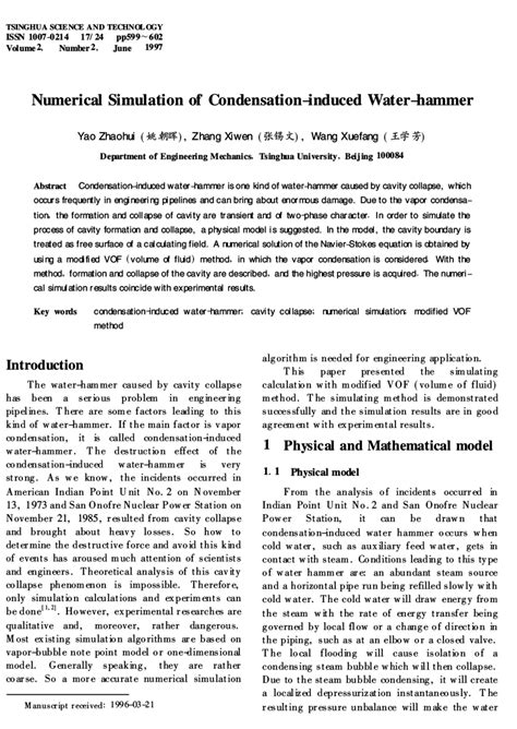 Pdf Numerical Simulation Of Condensation Induced Water Hammer