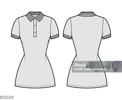 드레스 폴로 패션 일러스트와 반소매 몸에 맞는 미니 길이 연필 스커트 헨리 네크 라인 플랫 의류 0명에 대한 스톡 벡터 아트 및