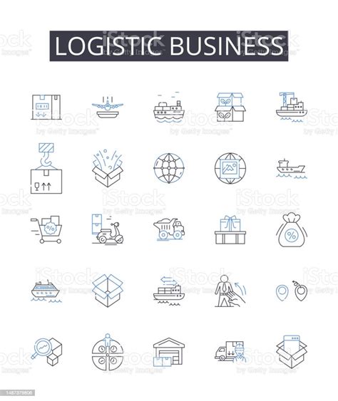 물류 비즈니스 라인 아이콘 컬렉션입니다 목표 목적 헌신 비전 결단력 야망 원인 벡터 및 선형 그림 기업 퀘스트 의무 개요 표지판 세트 Mandate에 대한 스톡 벡터 아트