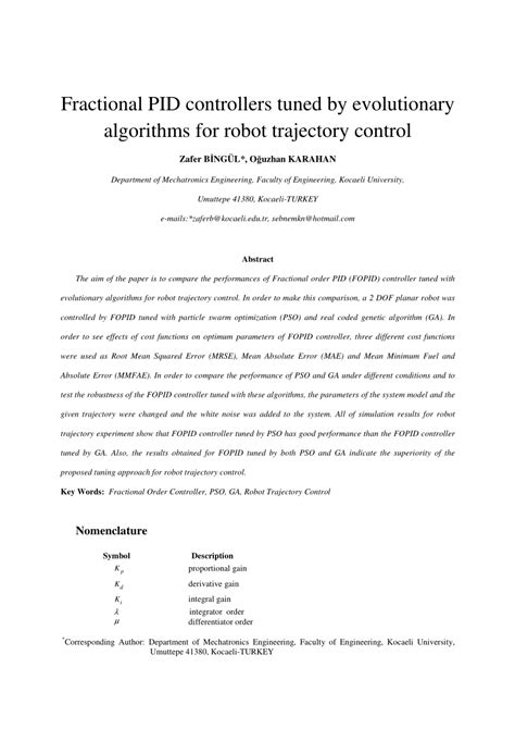 Pdf Fractional Pid Controllers Tuned By Evolutionary Algorithms For Robot Trajectory Control