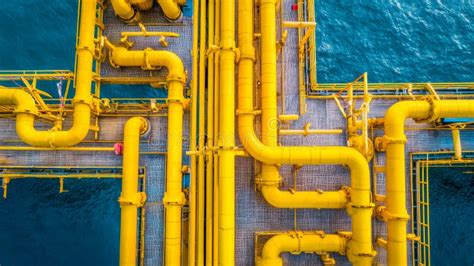 Yellow Industrial Pipelines Intersecting Over Blue Water Surface In A Vibrant Energy