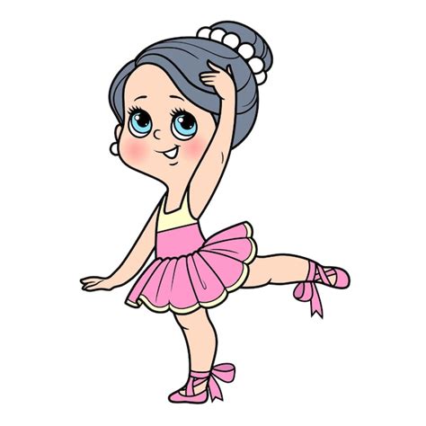 흰색 배경에 격리된 페이지를 색칠하기 위해 한쪽 다리 색상 변형에서 춤을 추는 사툰 작은 발레리나 소녀 프리미엄 벡터