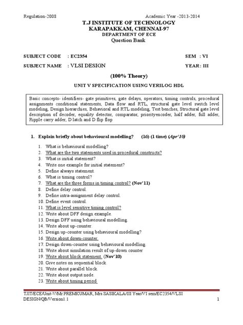 Comprehensive Question Bank On Vhdl Modeling Techniques Covering