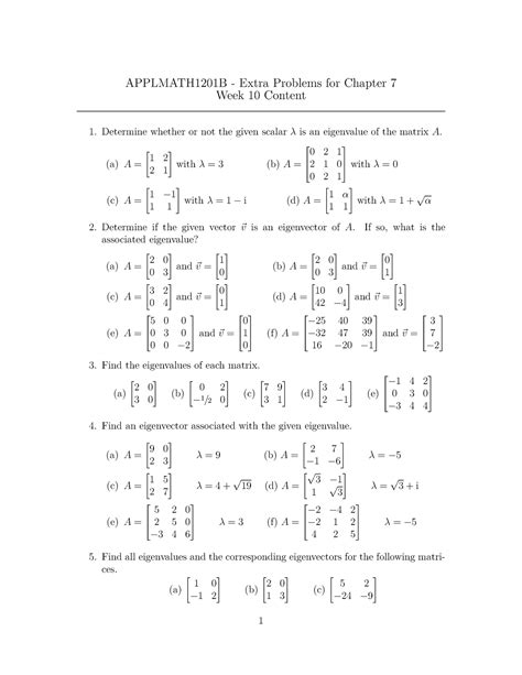 Eigenvalues And Eigenvectors Practice Applmath1201b Extra Problems For Chapter 7 Week 10