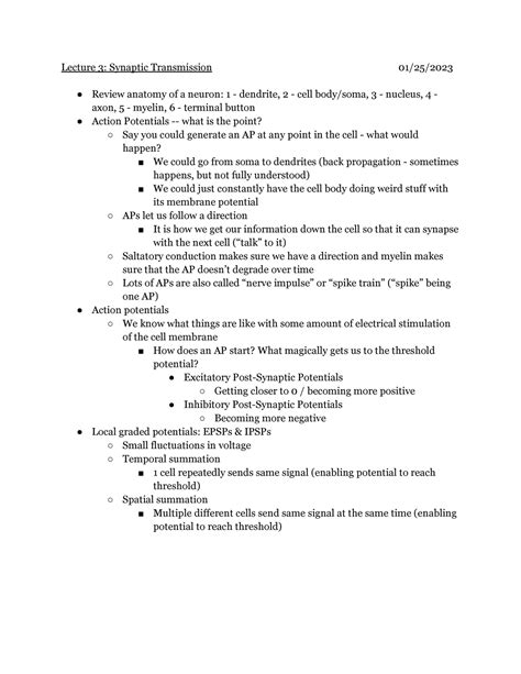 Lecture Notes Synaptic Transmission Lecture Synaptic Transmission Review Anatomy