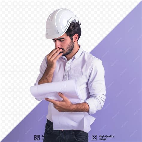 Premium Psd Young Architect Man With Helmet And Holding Blueprints Over Isolated Purple