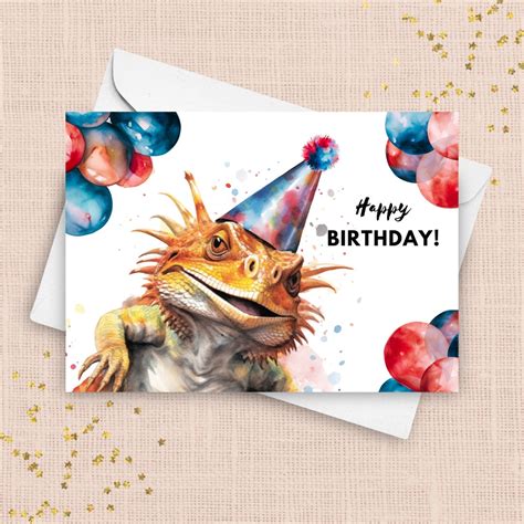 Bearded Dragon Birthday Card Birthday Party Hat And Balloons Bearded