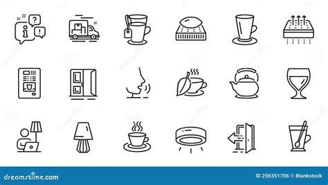 Outline Set Of Mint Tea Breathable Mattress And Wine Glass Line Icons For Web Application For