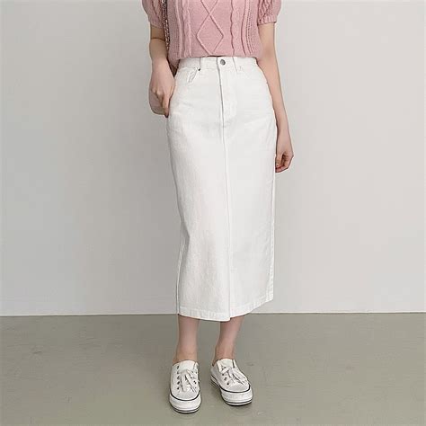 핏엔 빅사이즈 화이트 데님 롱 청 코튼 H라인 스커트 치마 흰치마 흰색 봄 면 하이웨스트 흰스커트 화이트데님스커트 흰색스커트 하얀치마