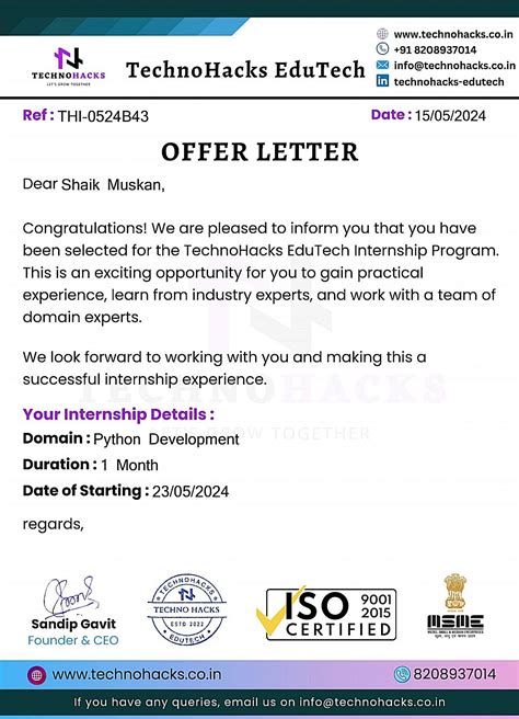 Thrilled To Share That Ive Received An Internship Offer For Python Development Shaik Muskan