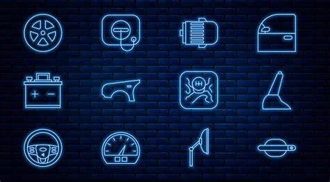 라인 자동차 도어 핸들 핸드 브레이크 전기 엔진 펜더 배터리 휠 기어 시프터 및 오일 주입구 캡 주유소 아이콘을 설정합니다 벡터 가솔린에 대한 스톡 벡터 아트 및 기타