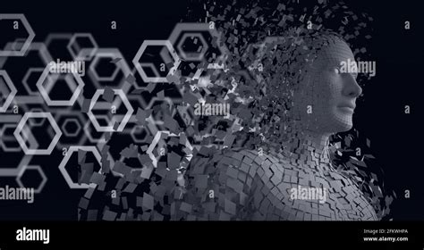 Composition Of Human Bust Formed With Grey Particles And Hexagons On Black Background Stock