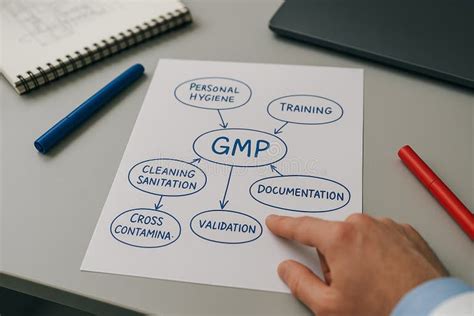 Gmp Good Manufacturing Practices Workflow Diagram On Desk Showing Key