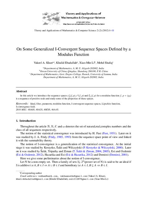 Pdf On Some Generalized I Convergent Sequence Spaces Defined By A