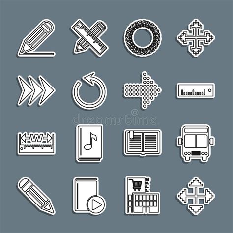 Set Line Pixel Arrows In Four Directions Bus Ruler Laurel Wreath Refresh Arrow Pencil And